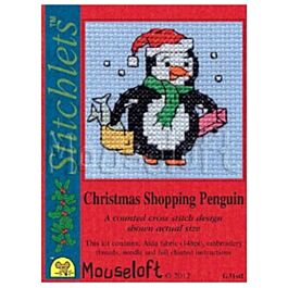 Mouseloft borduurpakket kerstkaart pinguïn doet kerst inkopen G31stl ...